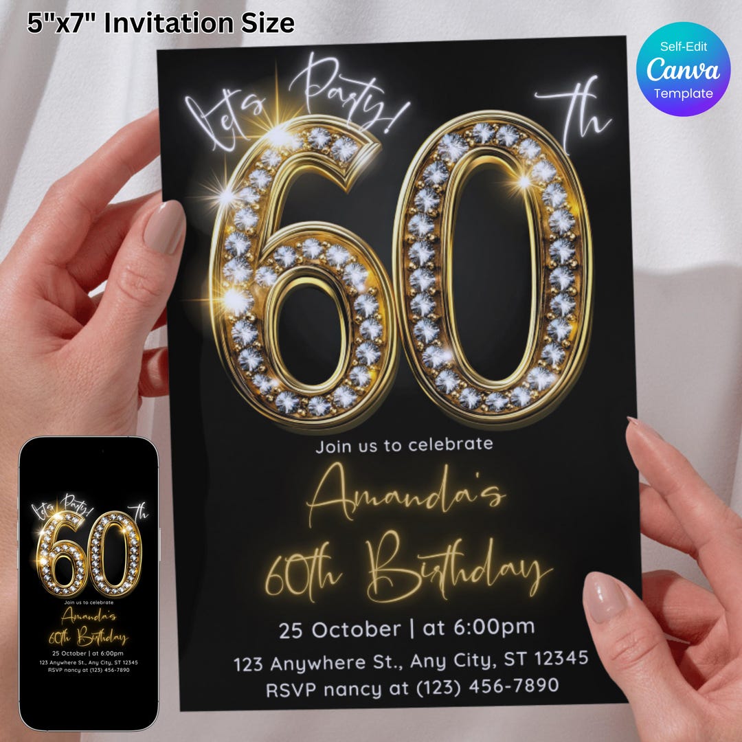 60th Birthday Invitation Template – Gold & Black Glam With Diamond ...