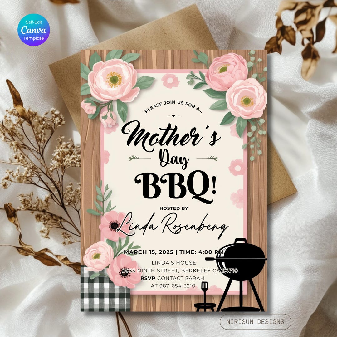 Editable Mother’s Day BBQ Invitation Template, Floral Picnic Backyard ...