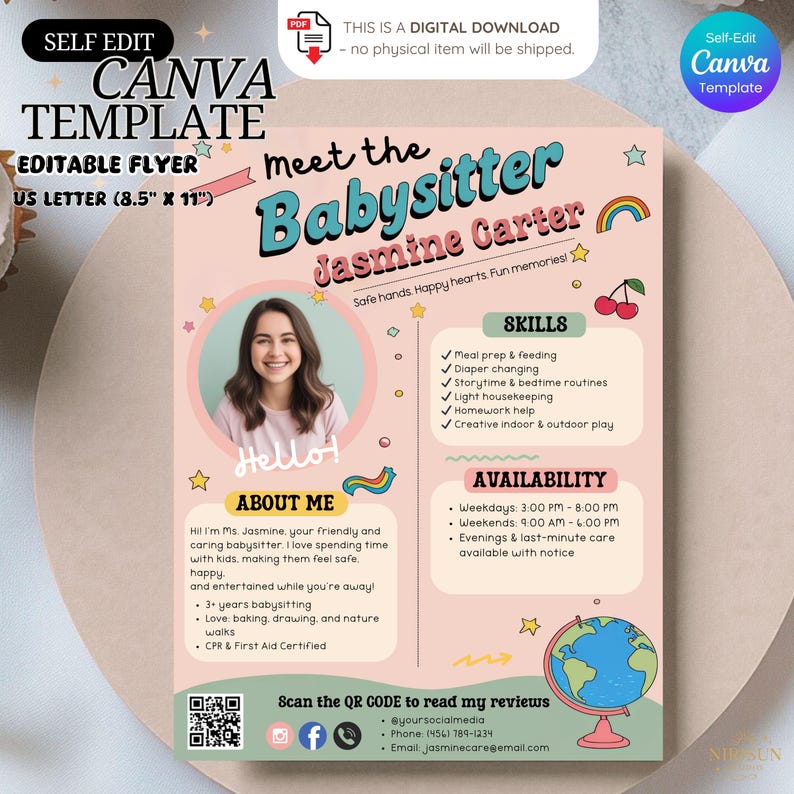 Babysitter Flyer Template, Editable Canva Childcare Resume, Printable ...