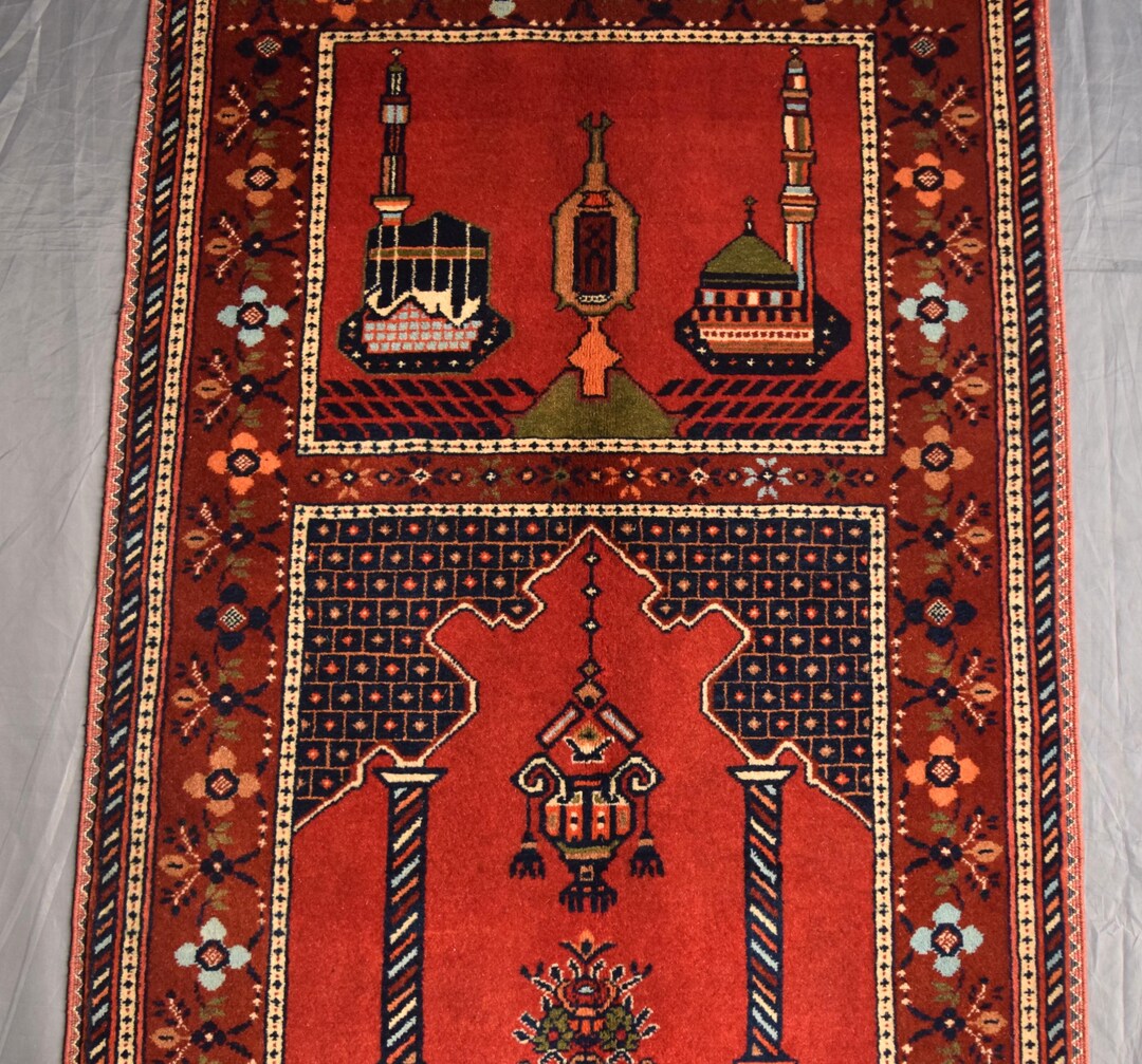 Handmade 3x4 Red Wool Prayer Rug | Muslim Prayer Mat | Oriental Turkmen ...
