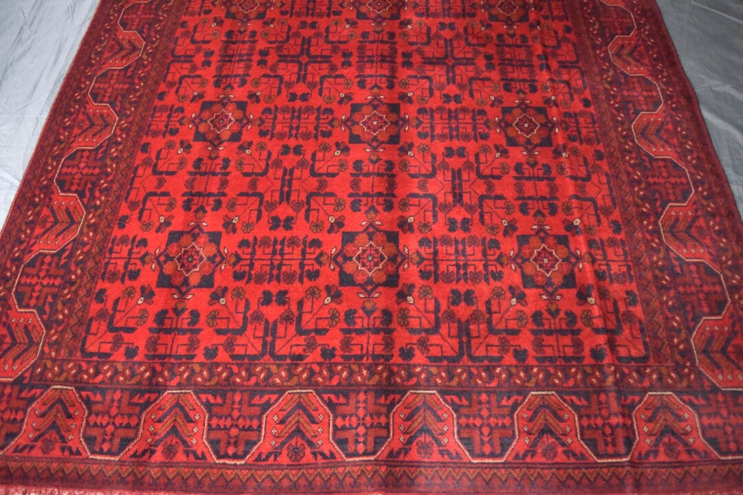 Handmade Turkmen Bukhara Rug, 5x7 Red Afghan Wool Rug, Geometric Decor ...