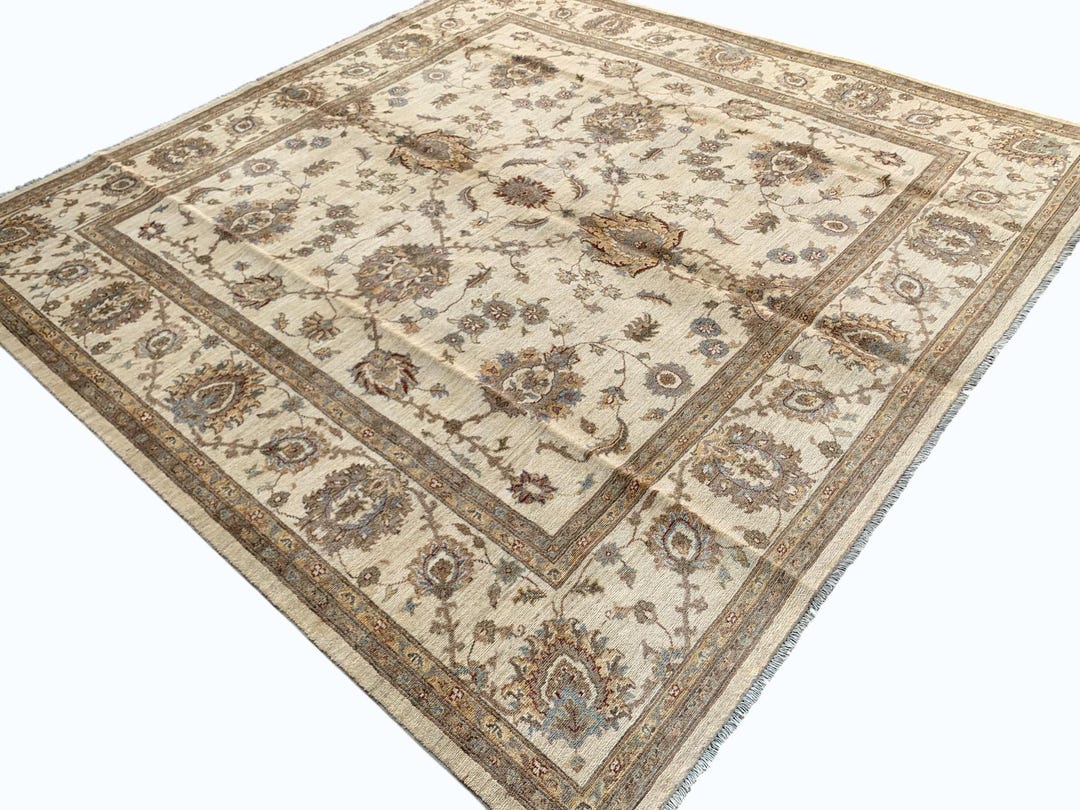 Hand Knotted Rug 8x8, Square Wool Area Rug, Neutral Beige Oushak Carpet ...