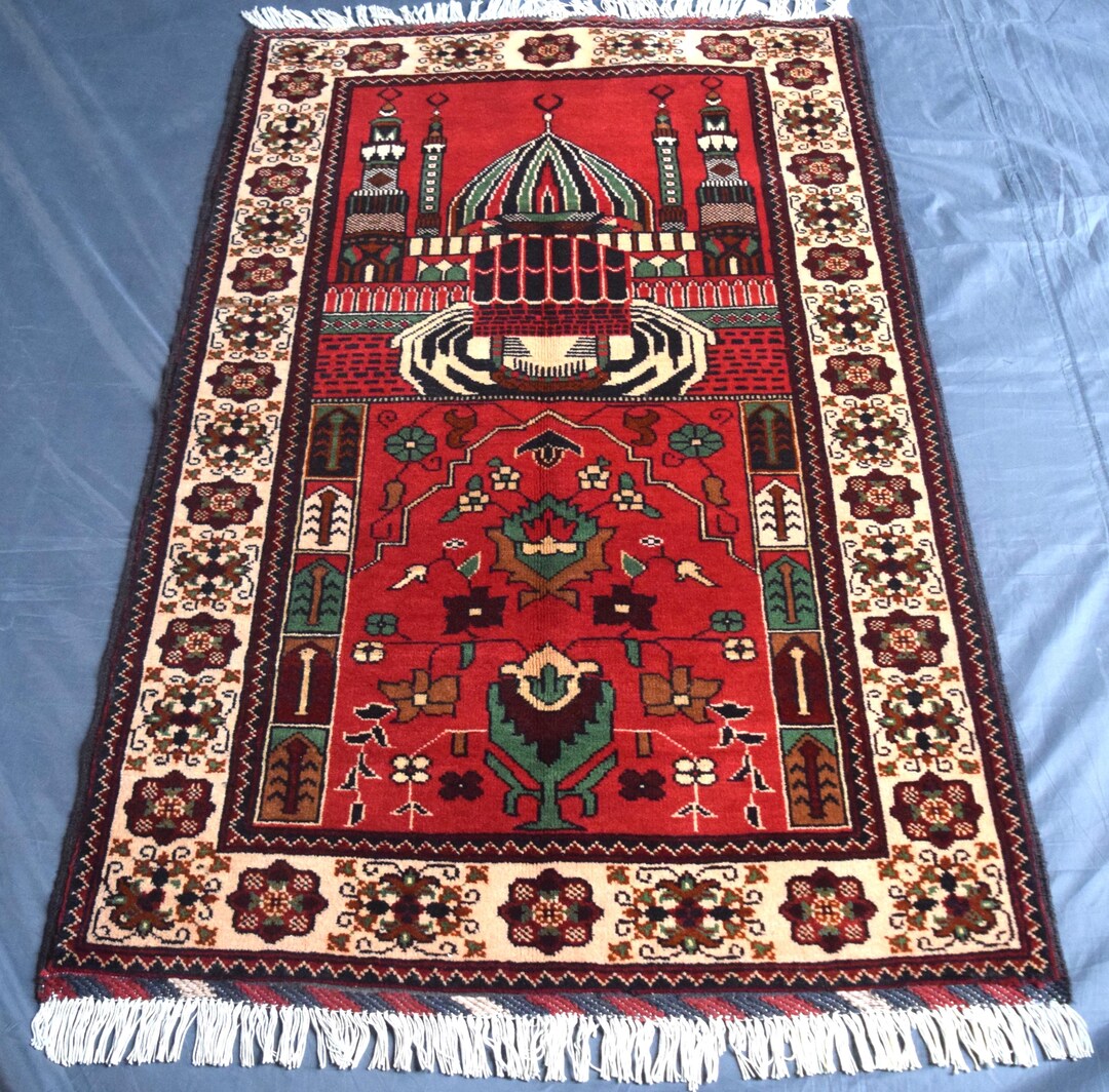 Handwoven Afghan Prayer Rug - Mosque Design in Red & Ivory - Muslim ...