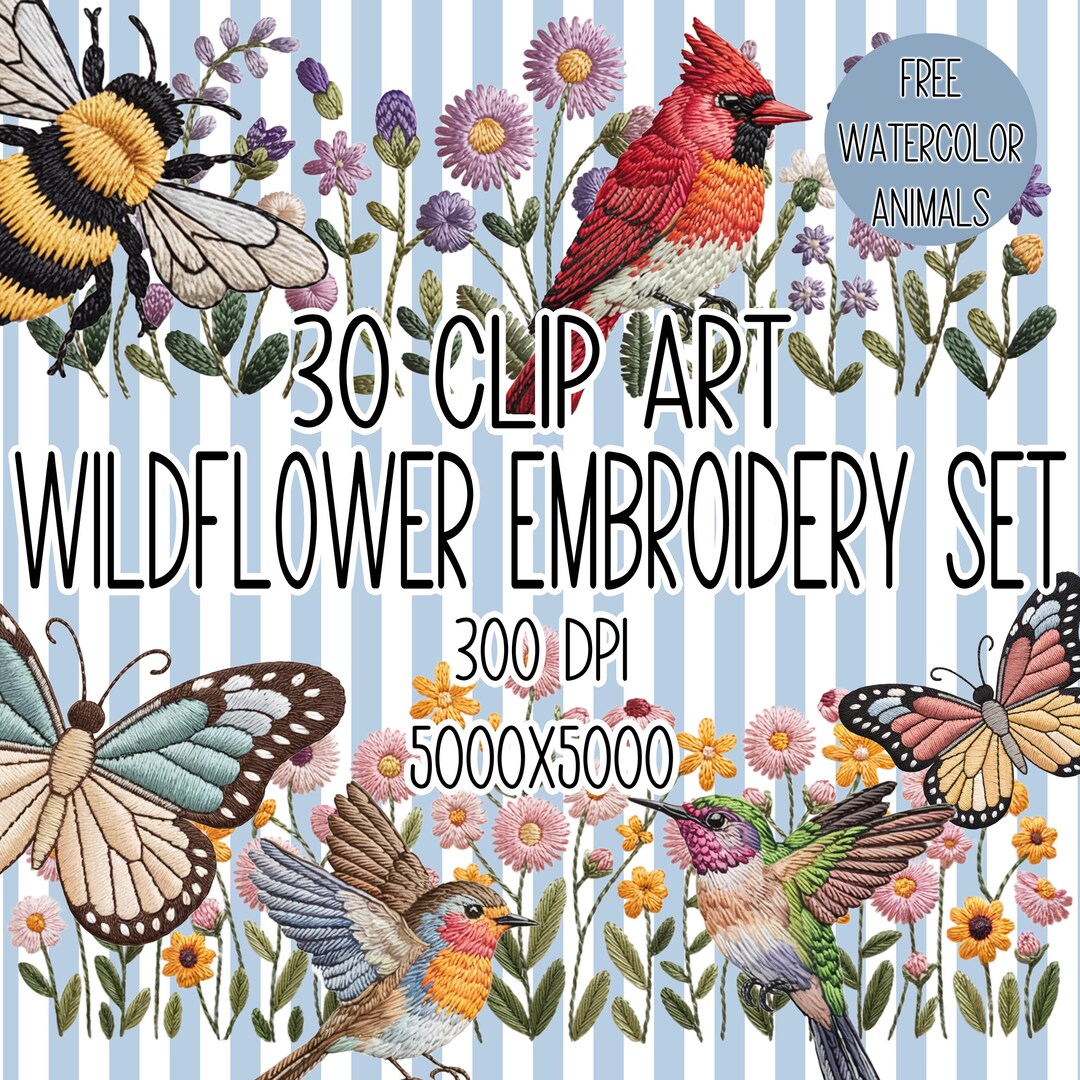Embroidery Clip Art Set: Wildflowers, Bees, Birds & Butterflies for ...