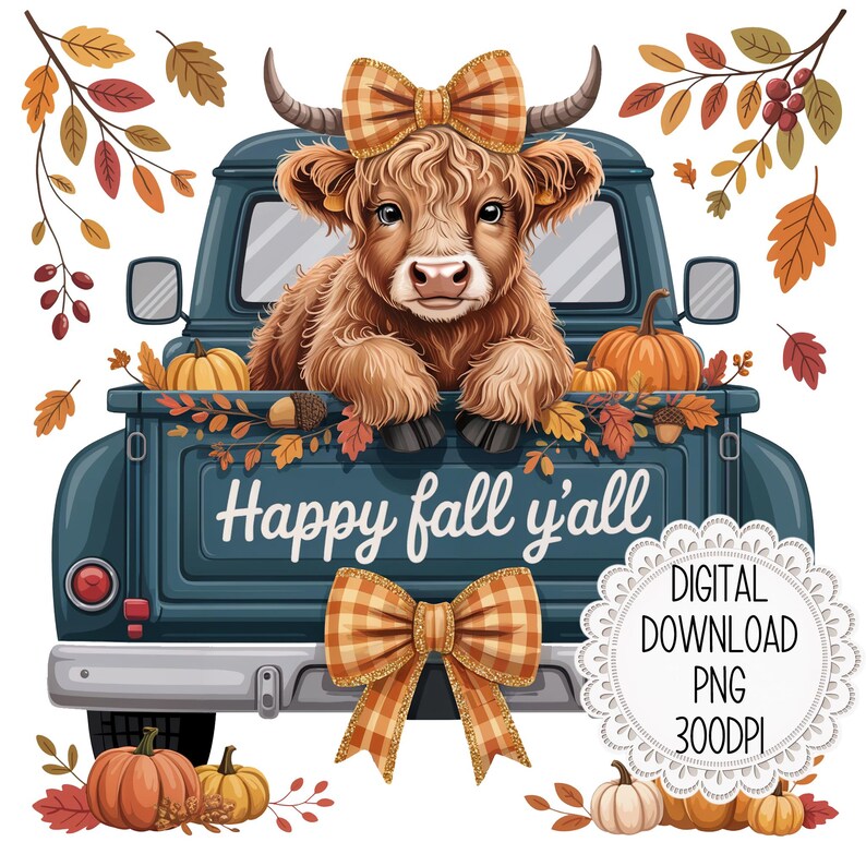 Fall Highland Cow PNG With Pumpkins and Leaves for Autumn Cow Cozy ...