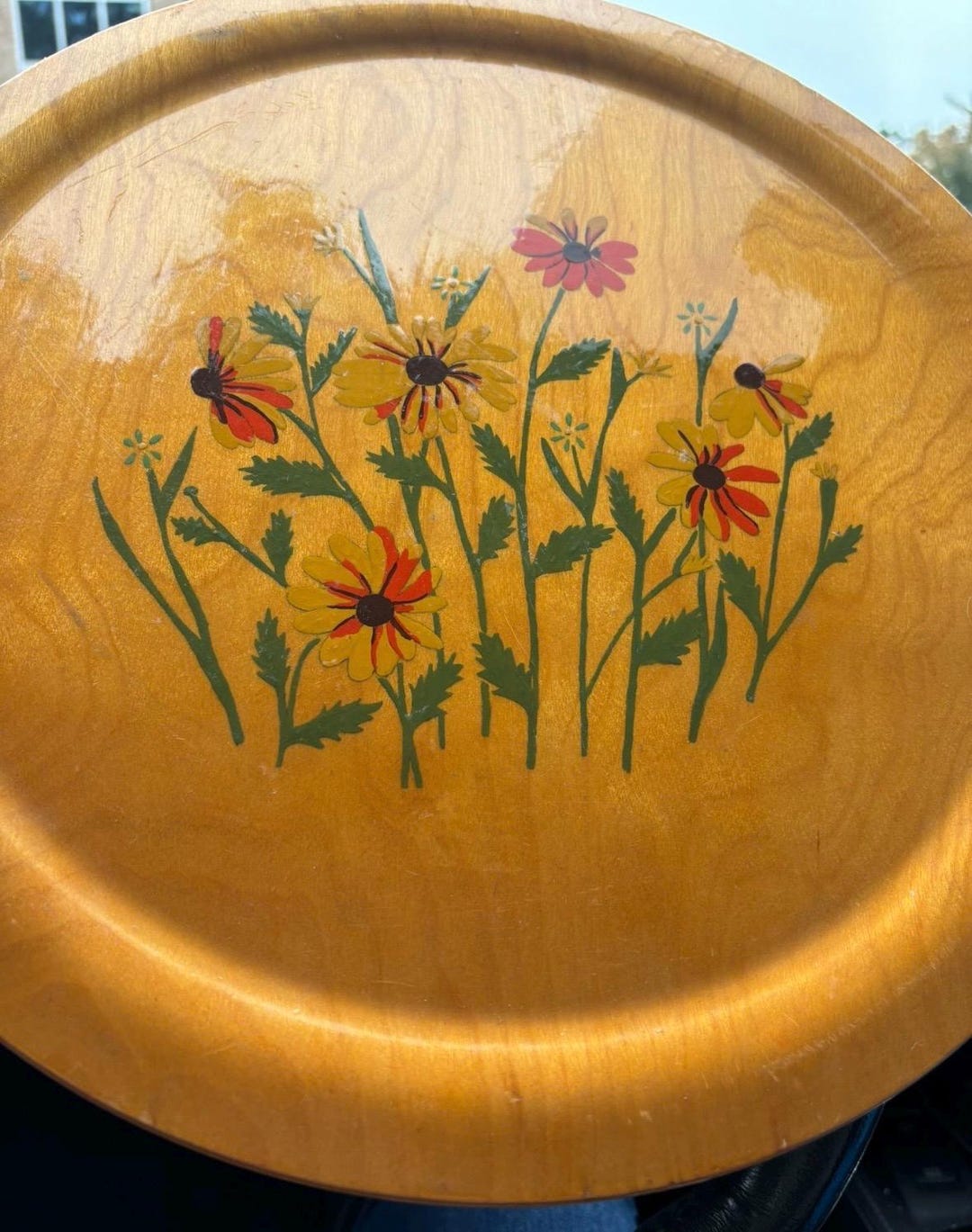 Vintage Round Wooden Floral Design Tray - Etsy