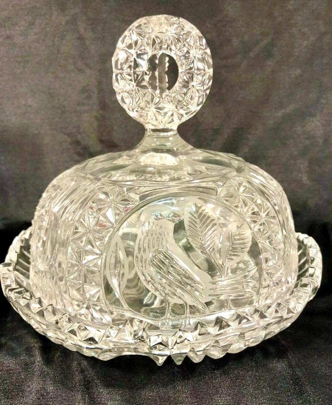 Vintage Hofbauer German LEAD CRYSTAL Byrdes BIRDS Domed Lid Dish Cheese ...