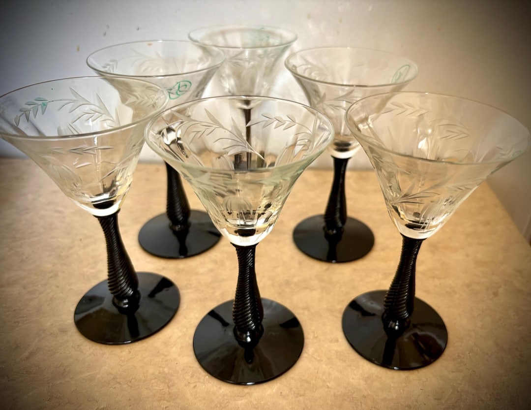 Vintage Luminar Glasses With Etched Clear Glass and Black Ribbed Stems ...