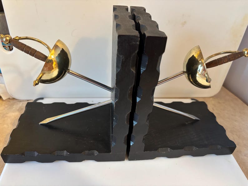Vintage Sword Bookends 1960s Mid Century Modern / Black Wood /brass ...