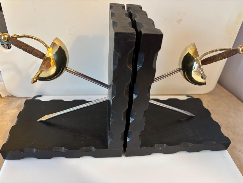 Vintage Sword Bookends 1960s Mid Century Modern / Black Wood /brass ...