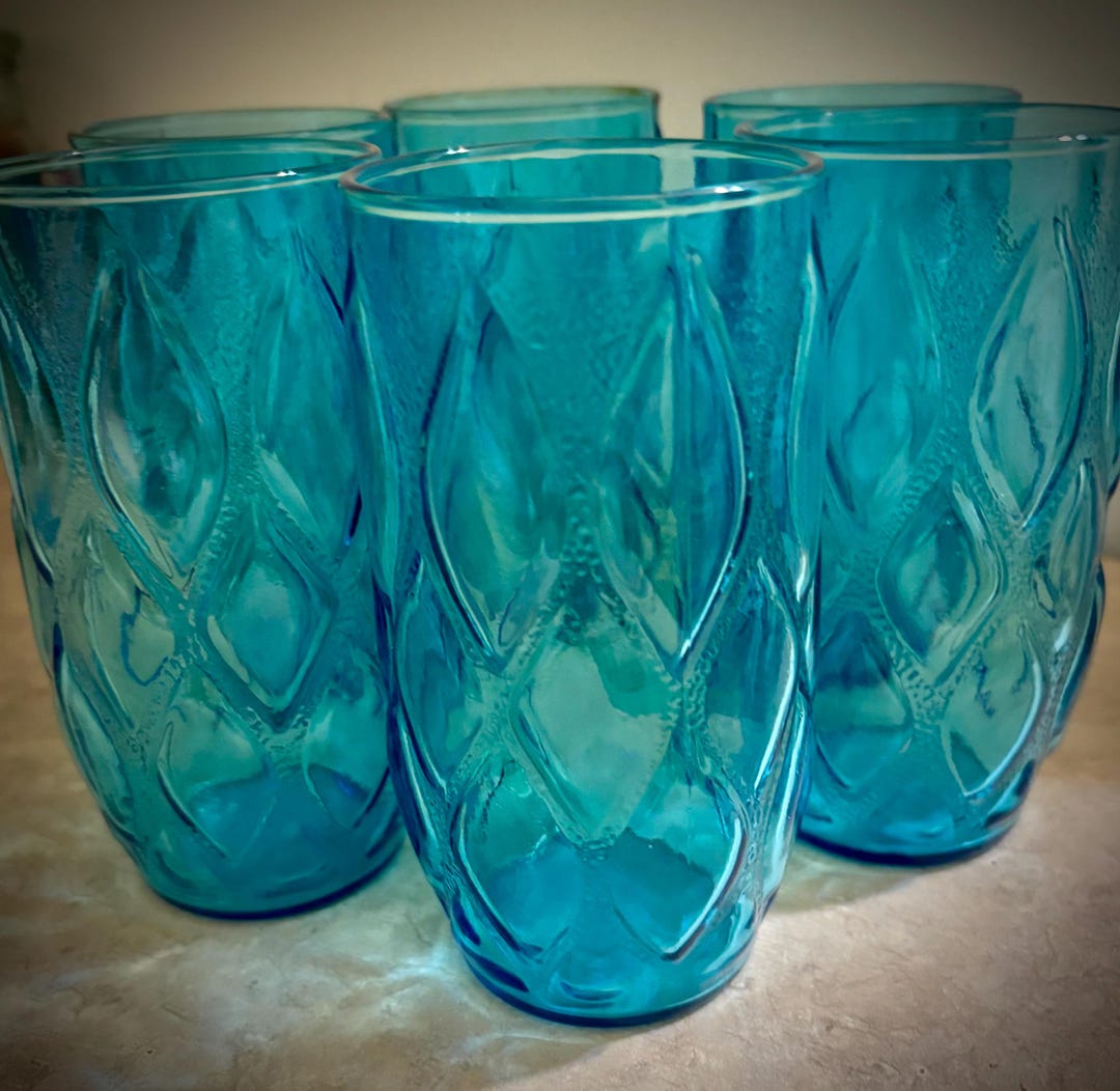 Vintage Anchor Hocking SET of 6 AQUA BLUE Diamond Quilt Drinking Glass ...