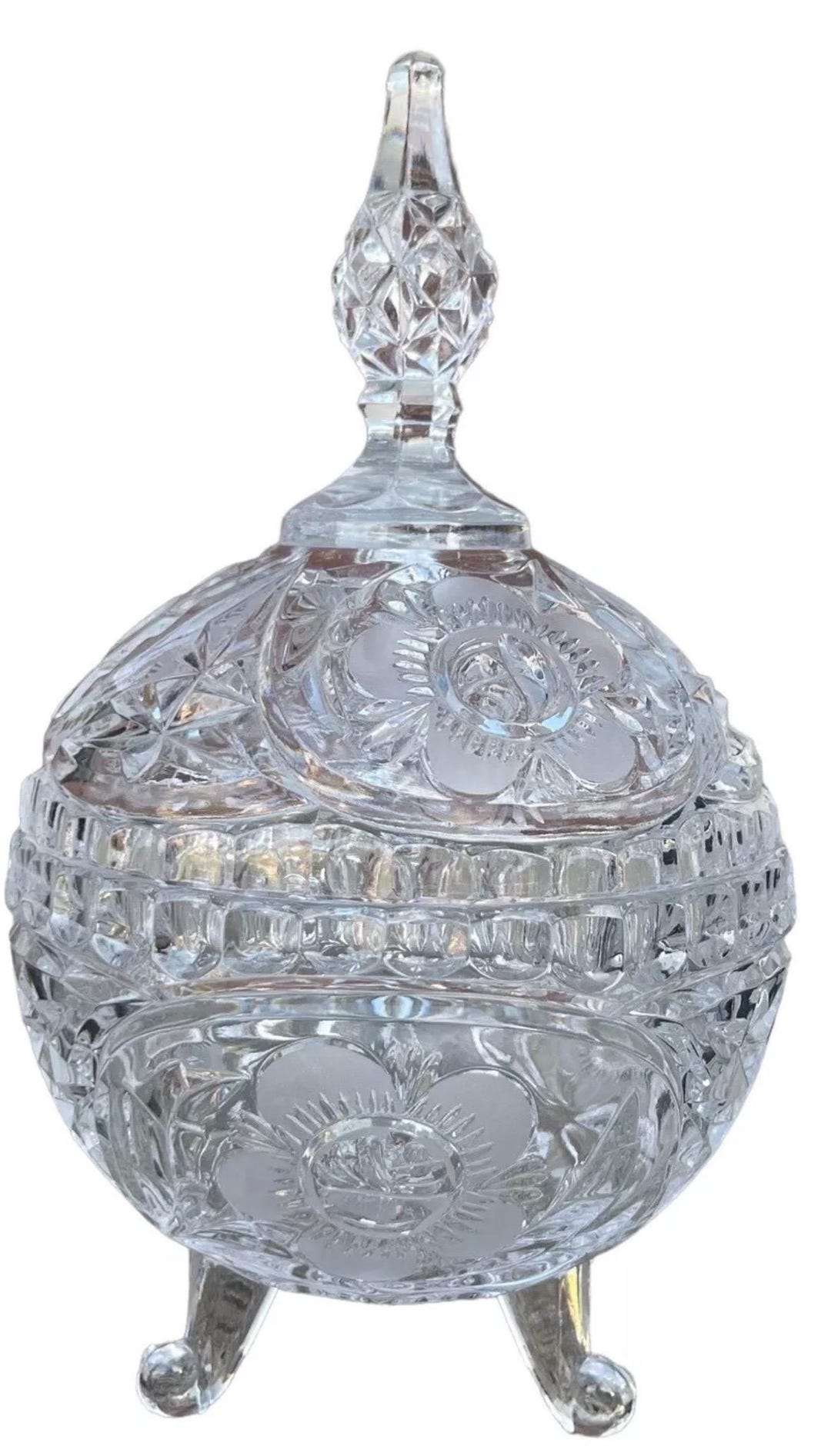 Vintage Lead Cut Glass Crystal Footed Bowl Candy Dish With Lid Etched ...