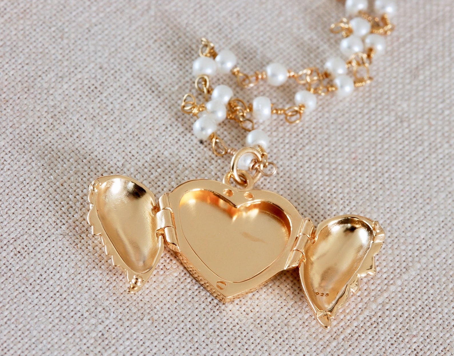 Gold Angel Wing Locket: Pearl Chain Photo Necklace - Etsy