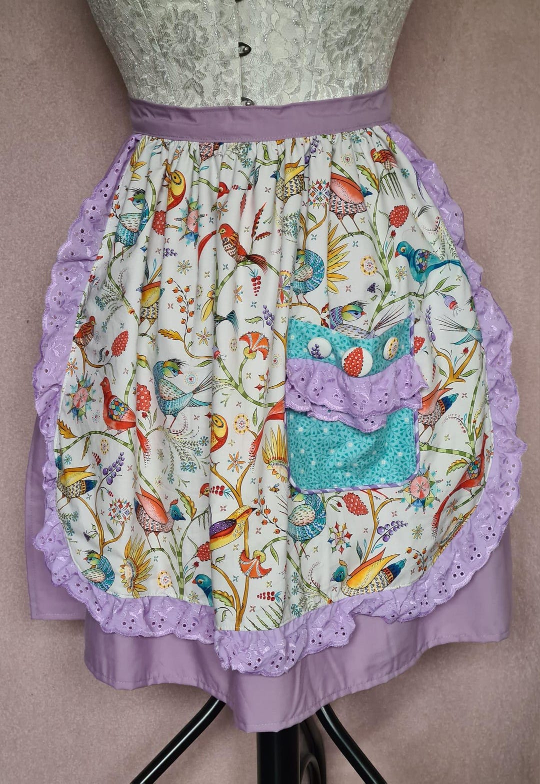 Colourful Birds Lilac Double Layer Apron - Vintage Style Pinny With ...