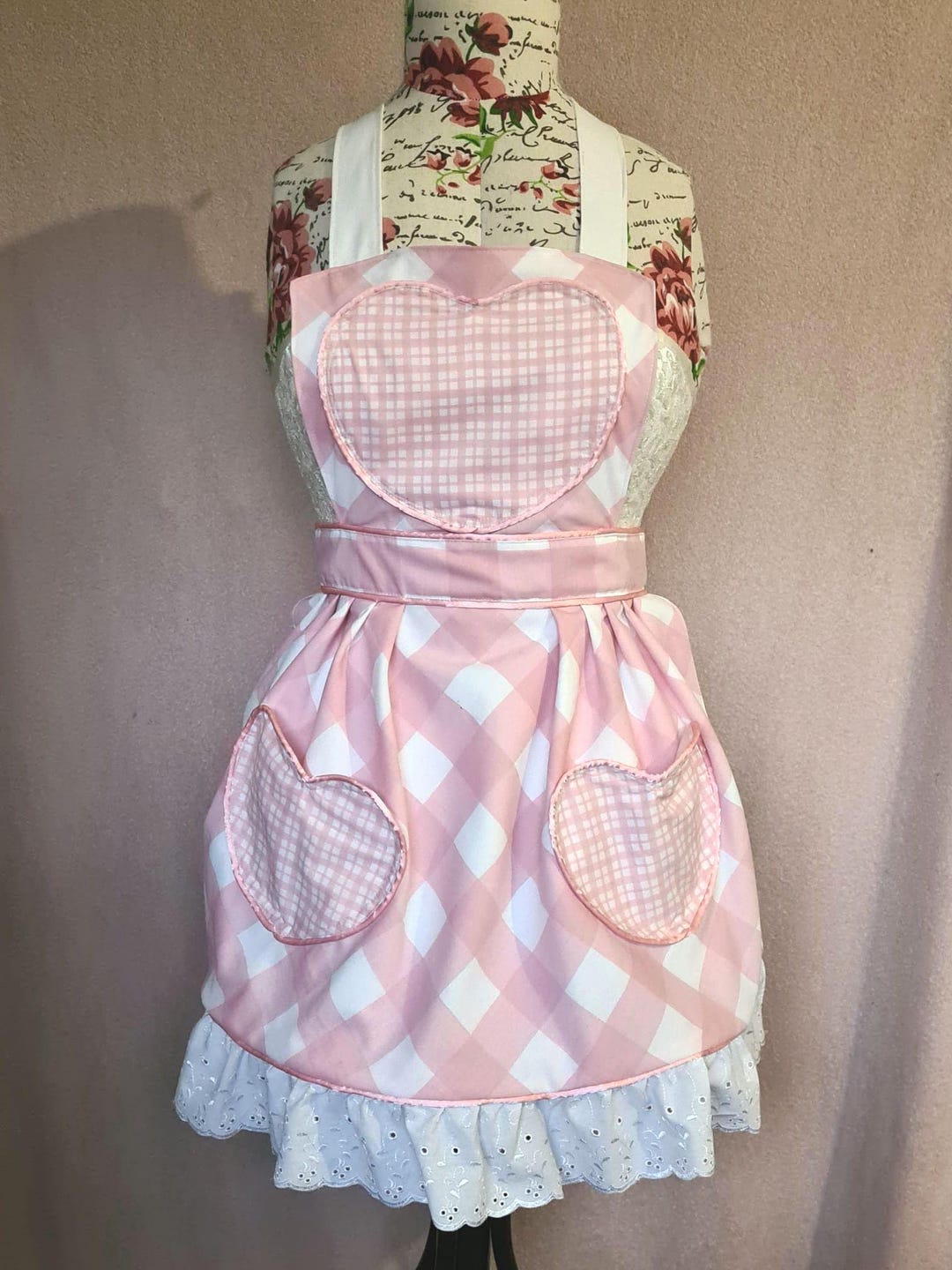 Love Hearts Apron Retro Vintage Style Pinny Cutecore Gingham Plaid ...