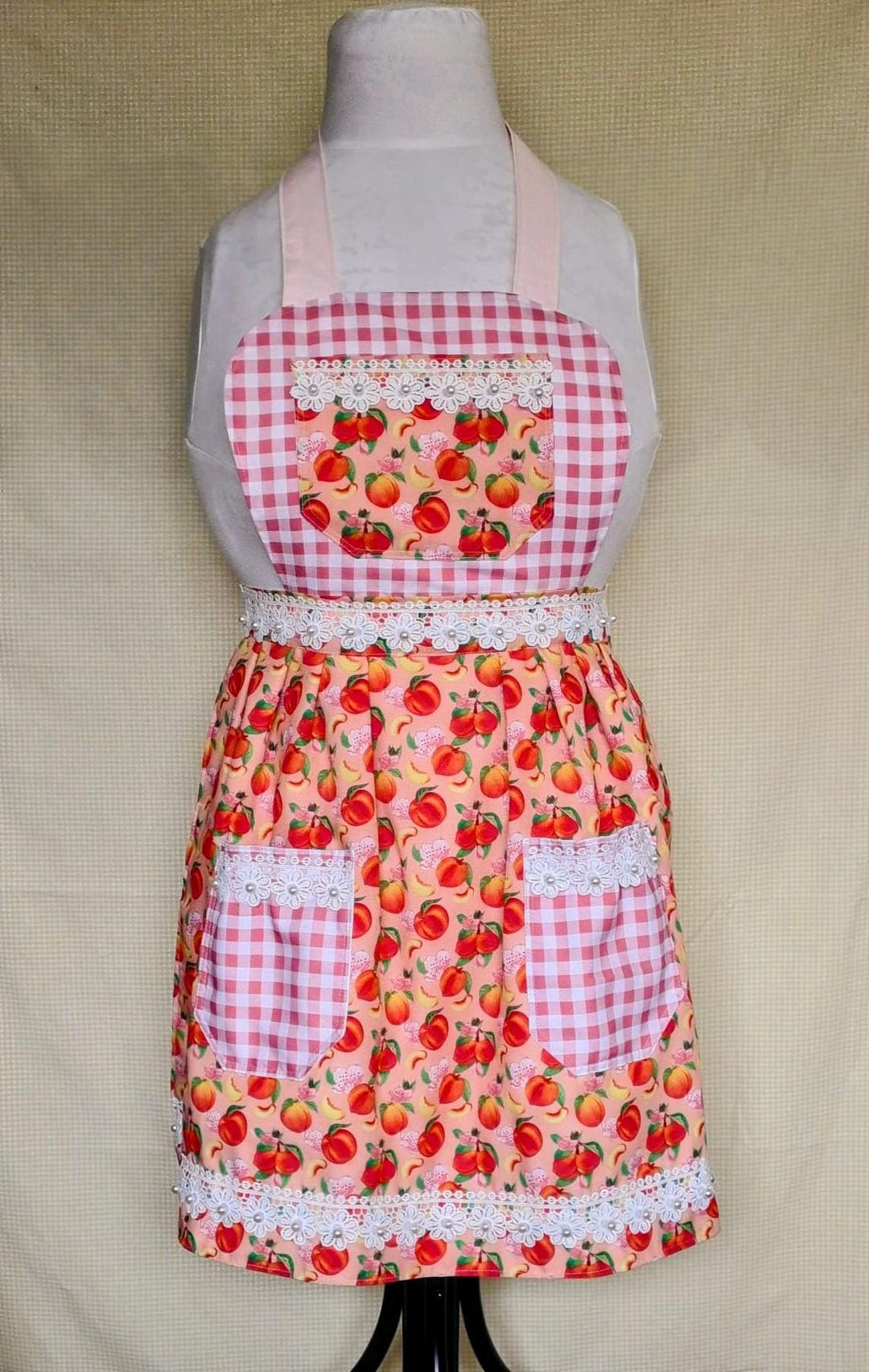 Peach Cobbler Apron - Retro Vintage Style Pinny Cutecore Gingham Fabric ...