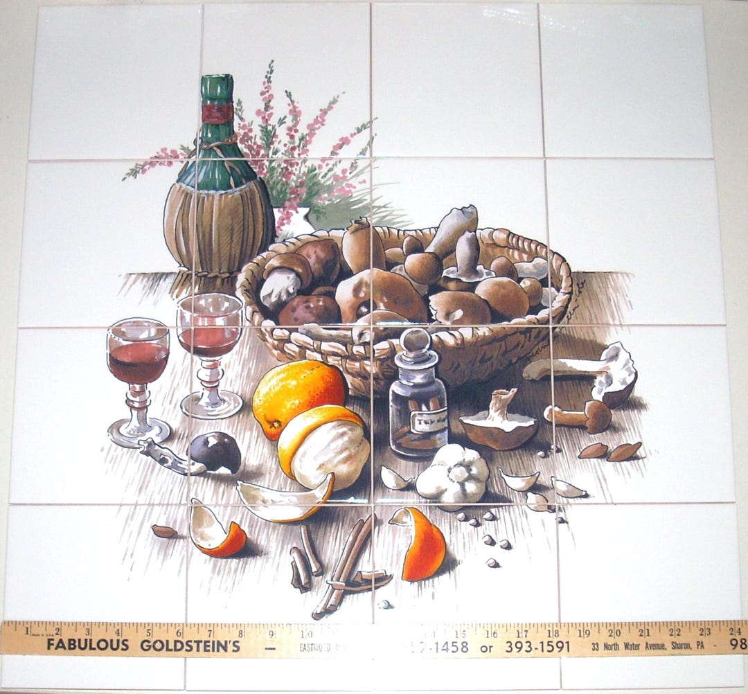 CLOSEOUT 21" X 21" Wine Ceramic Tile Mural Mushrooms Basket 25pcs 4.25 ...