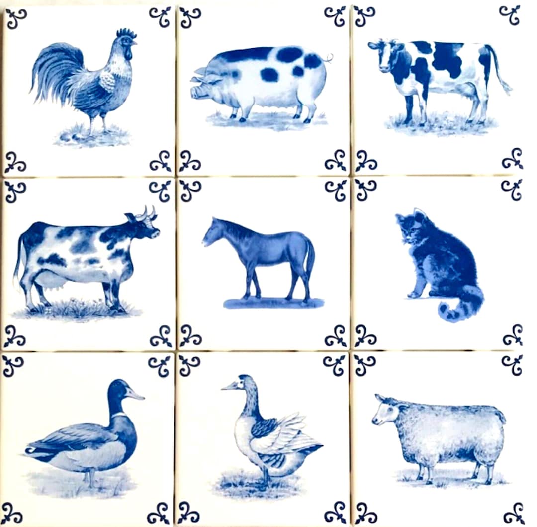 Ceramic Farm Animals Delft Design Set of 9 Ceramic Tile Blue 4.25" X 4. ...