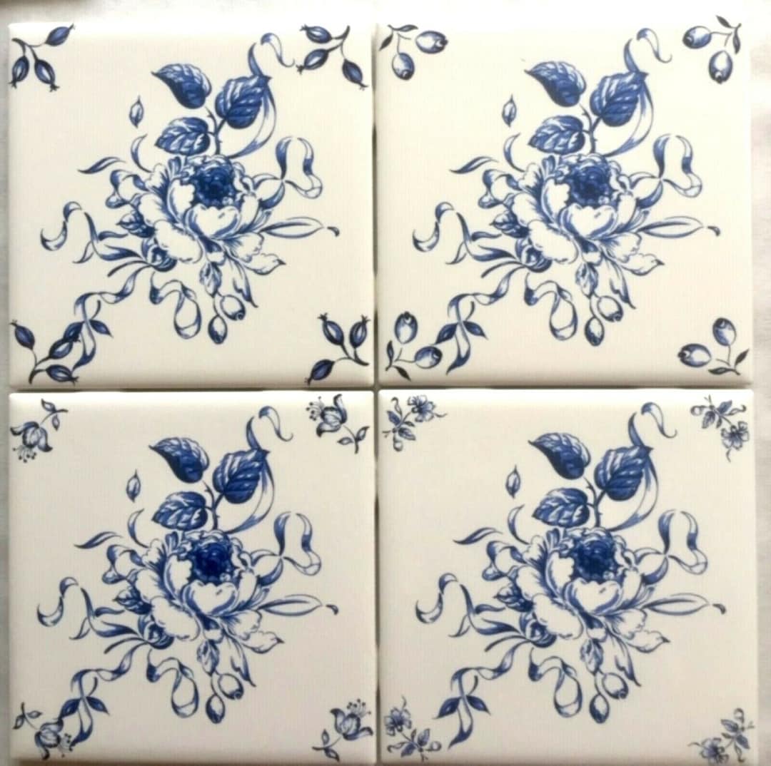 Ceramic Blue and White Roses and Ribbons Delft Design Ceramic Tiles 4. ...