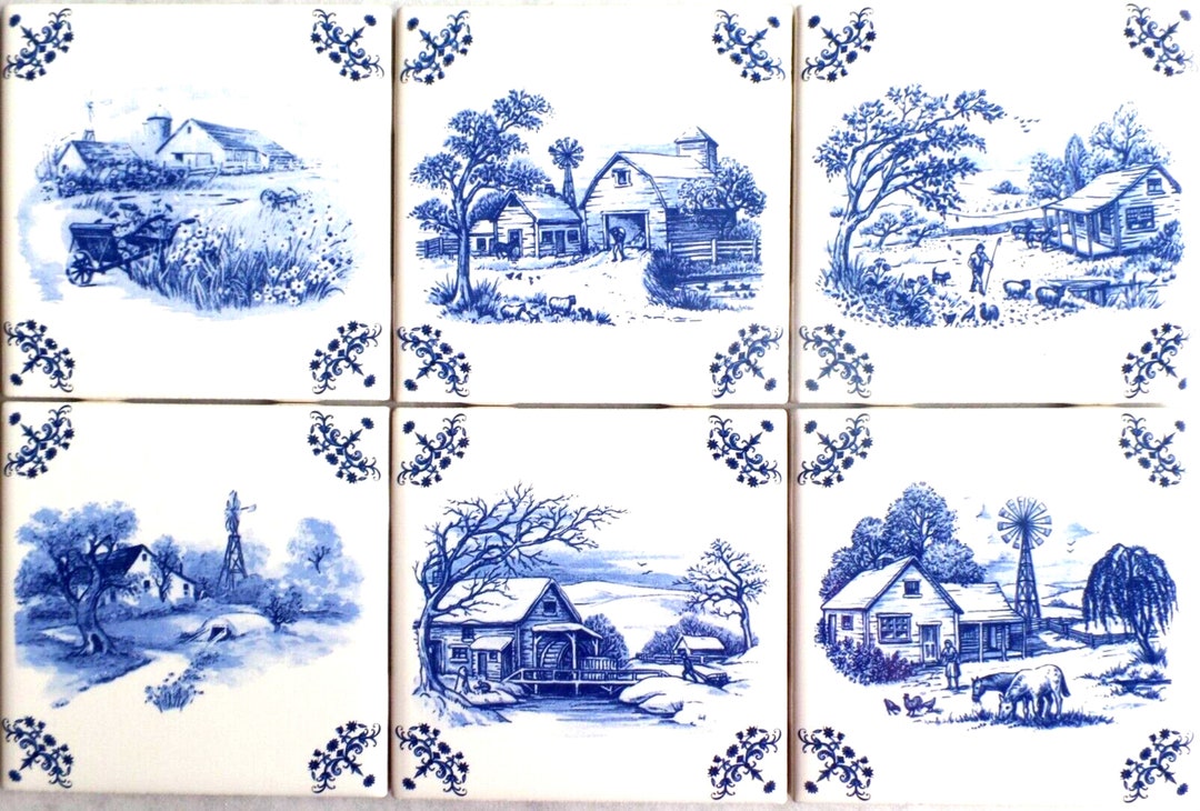 Ceramic Farm Country Scenes Delft Design 6 Ceramic Tile Blue 4.25" X 4. ...