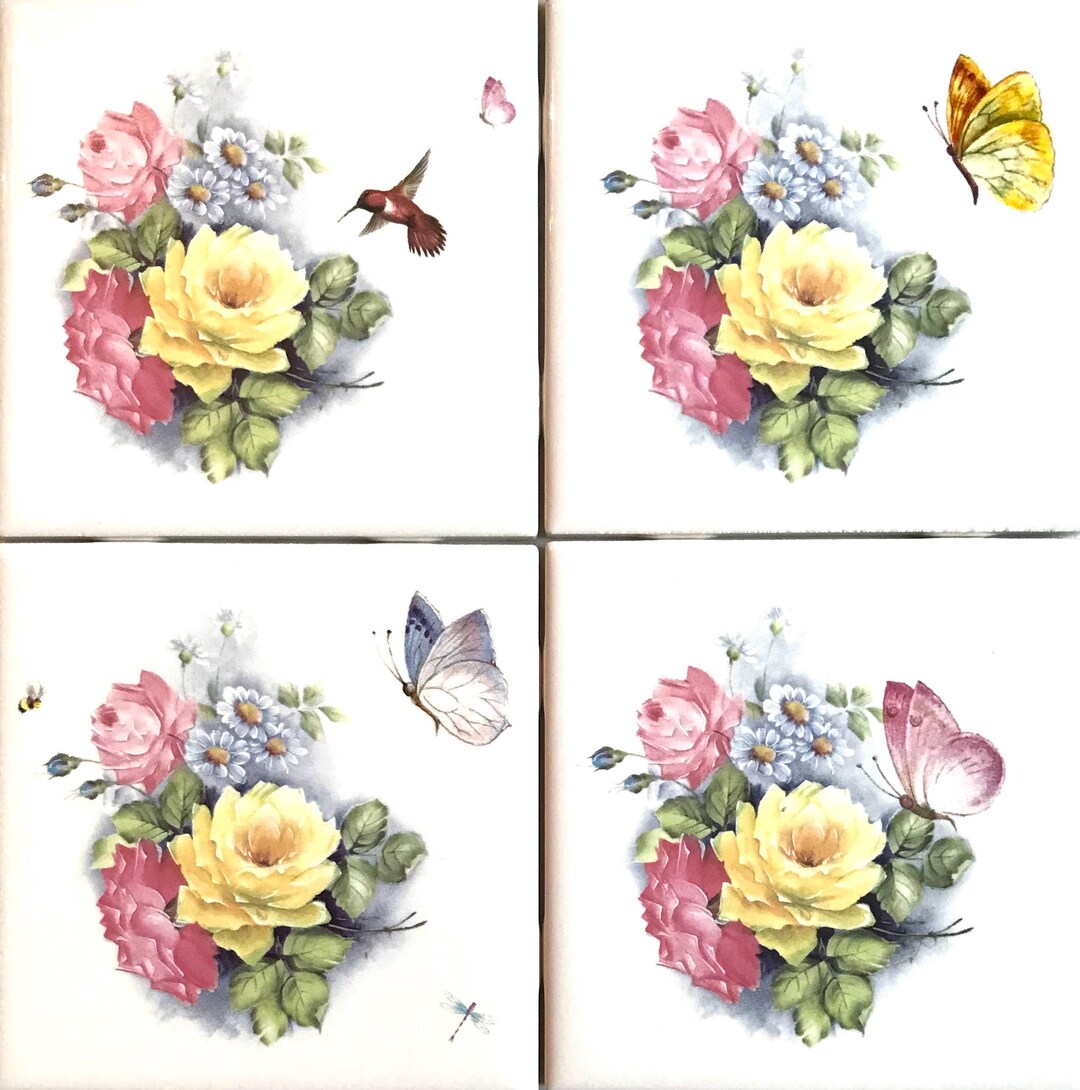 Ceramic Décor Beautiful Birds Ceramic Tile Set 4 of 4.25" X 4.25 ...