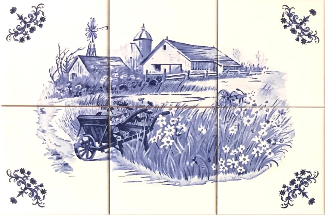 Ceramic Blue Farm Delft Design 6 Pc Mural 4.25" Ceramic Tiles 12.75" X ...
