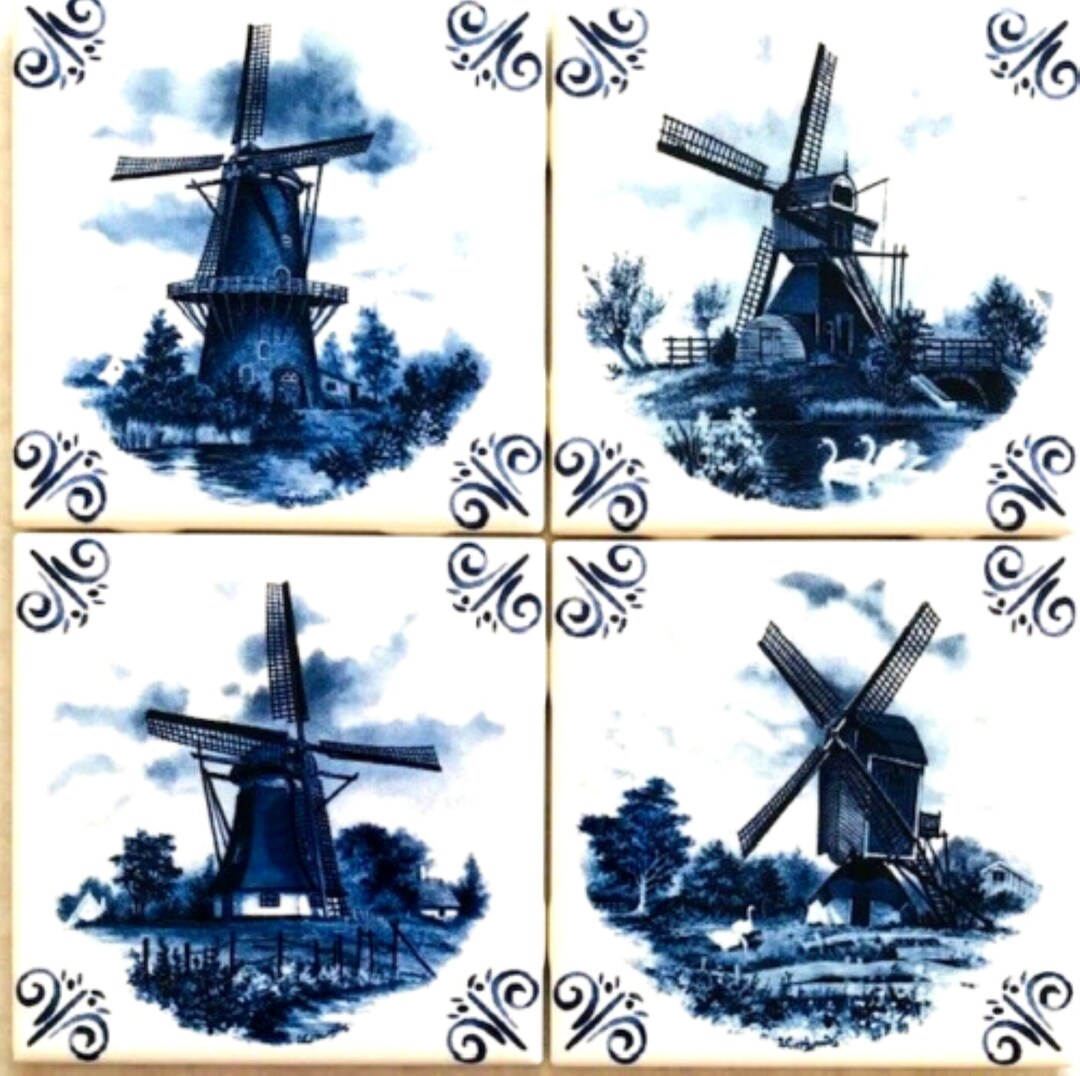 Blue Dutch Wind Mills Delft Design Kiln Fired Set of 4 / - Etsy