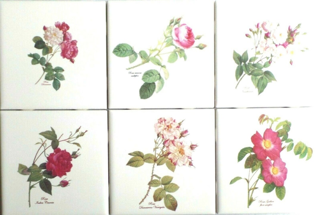 Ceramic Botanical Rose Flower Ceramic Tile Set of 6 of 4.25" X 4.25 ...