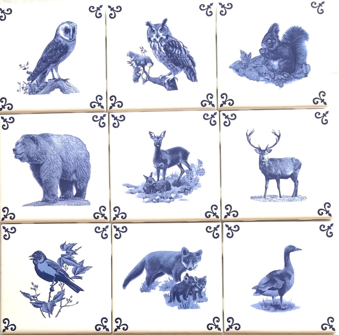 Ceramic Woodland Forest Creatures Delft Design Set of 9 Ceramic Tile ...