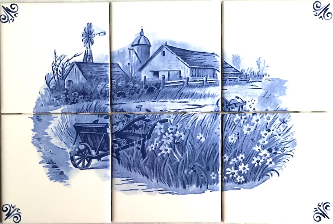 Ceramic Blue Farm Delft Design 6 Pc Mural 4.25" Ceramic Tiles 12.75" X ...