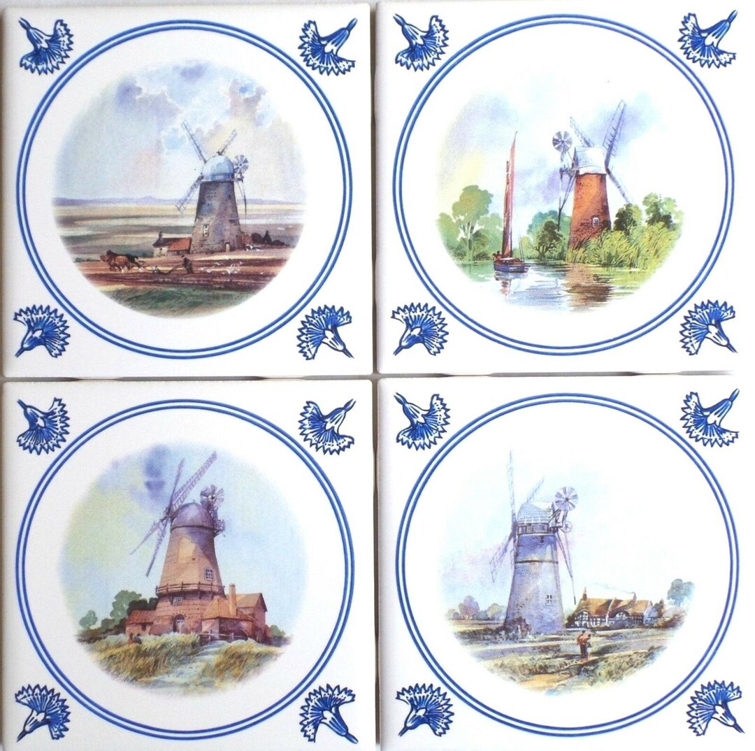 SALE Ceramic Nautical Ceramic Tile Set /4 Kiln Fired 4.25" X 4.25" Wind ...