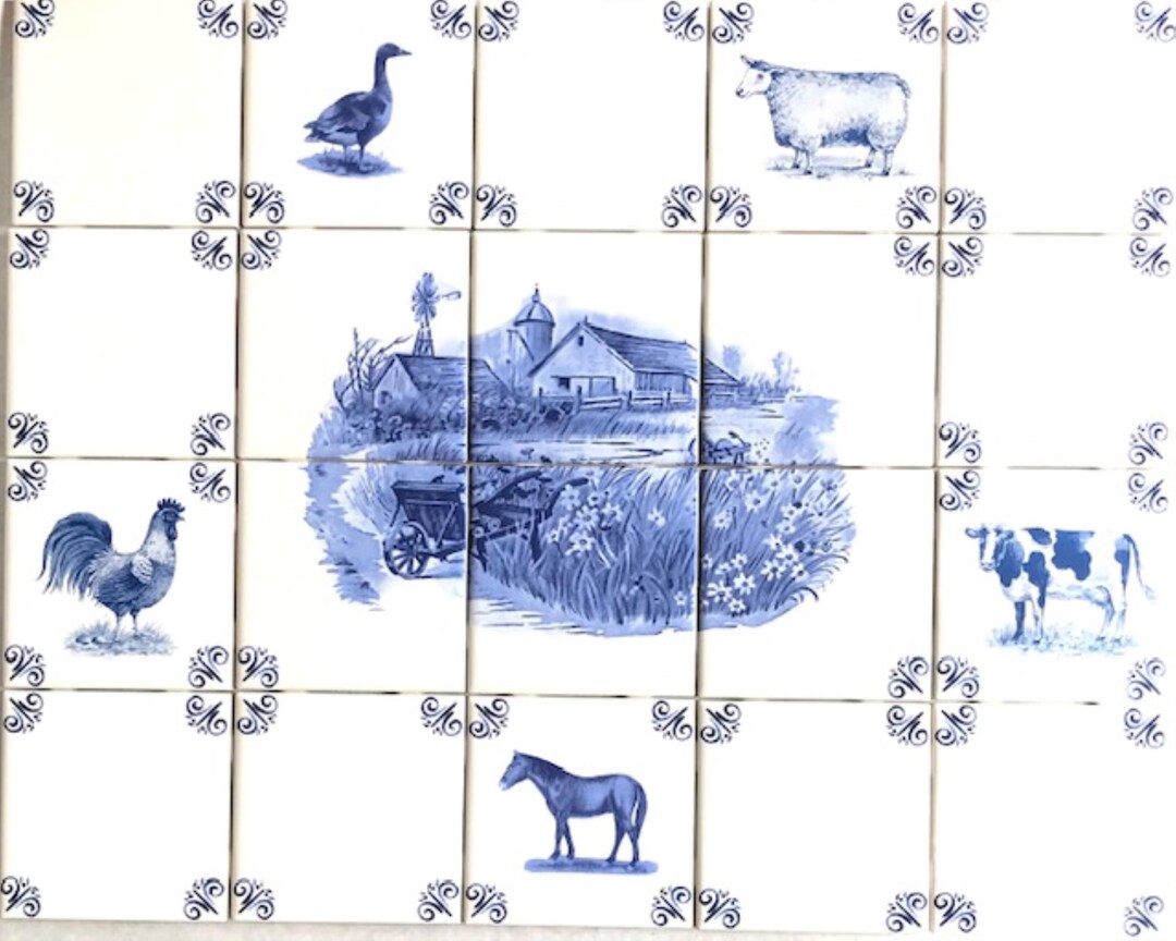Ceramic Blue Farm Delft Design 20 Pc Mural 4.25" Ceramic Tiles 12.75" X ...