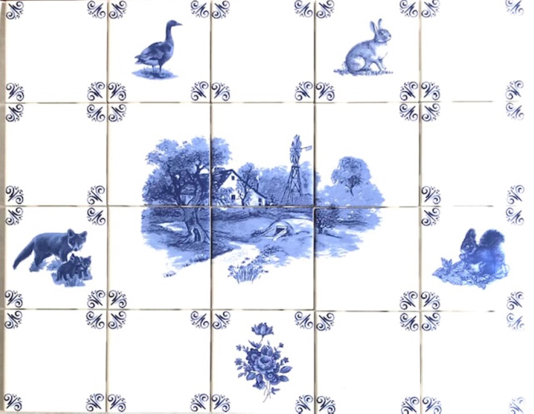 Ceramic Blue Farm Delft Design 20 Pc Mural 4.25" Ceramic Tiles 12.75" X ...