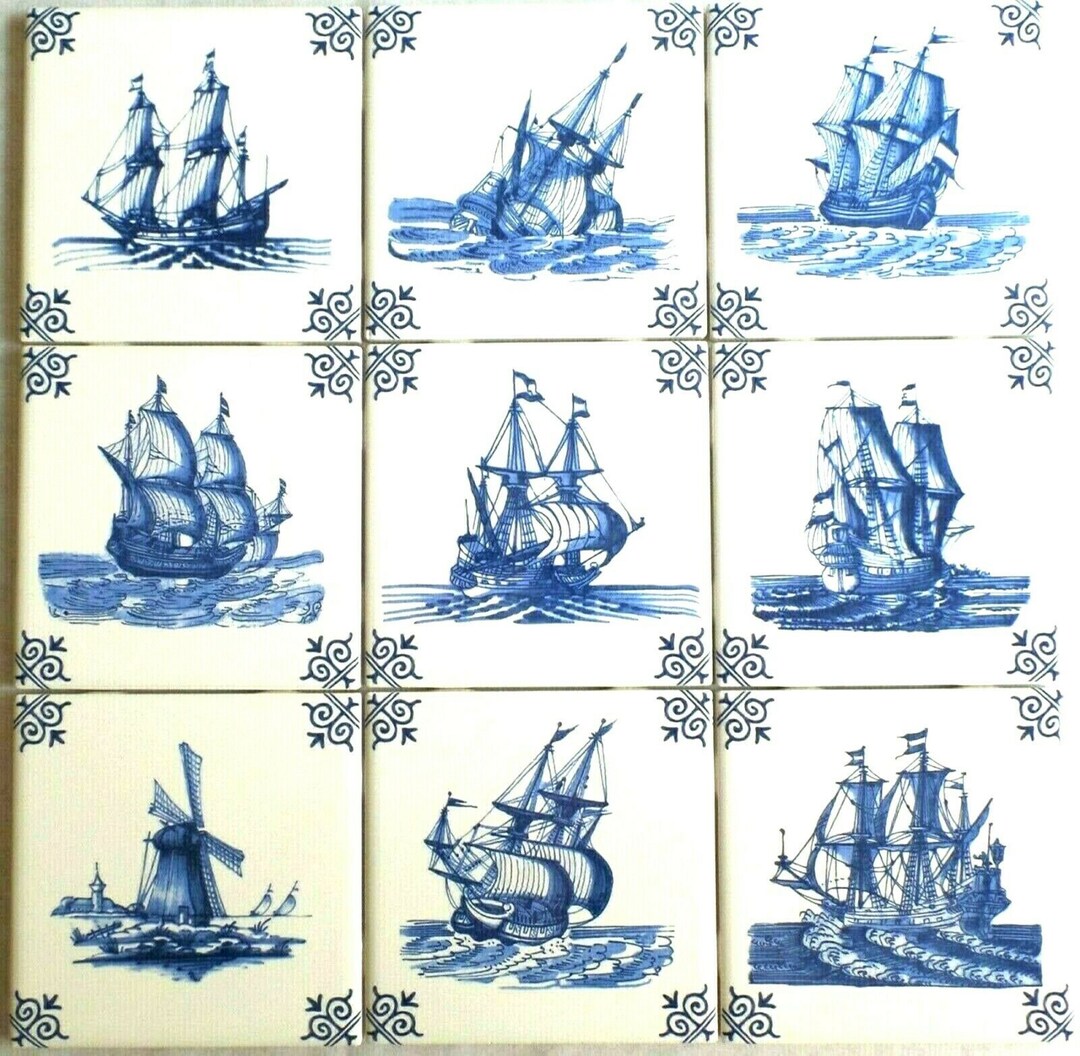 Ceramic Blue Nautical Delft Design Maritime Ship Windmill Set of 9 of 4 ...