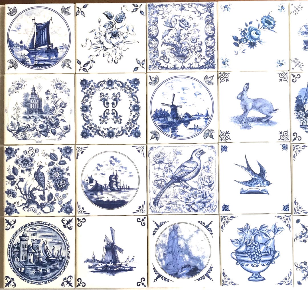 28 Blue Assorted Delft Design Tiles Kiln Fired 4.25 X 4.25 Décor as ...
