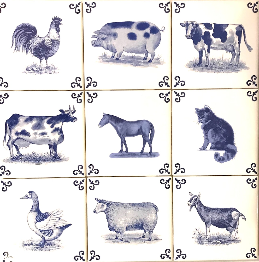 Ceramic Farm Animals Delft Design Set of 9 Ceramic Tile Blue 4.25 X 4. ...