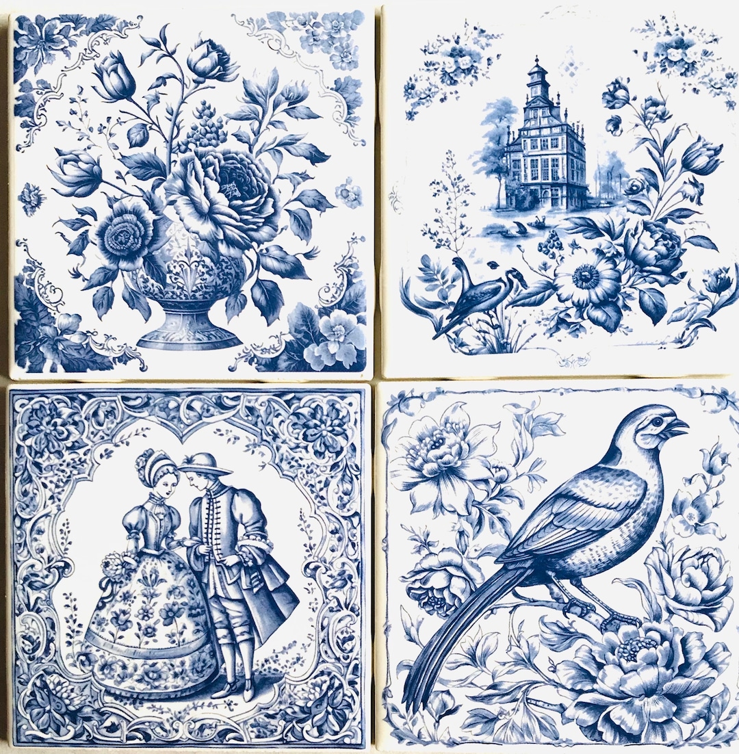 Ceramic Delft Design Ceramic Tiles 4.25" X 4.25" Kilnfired Set of 4 ...