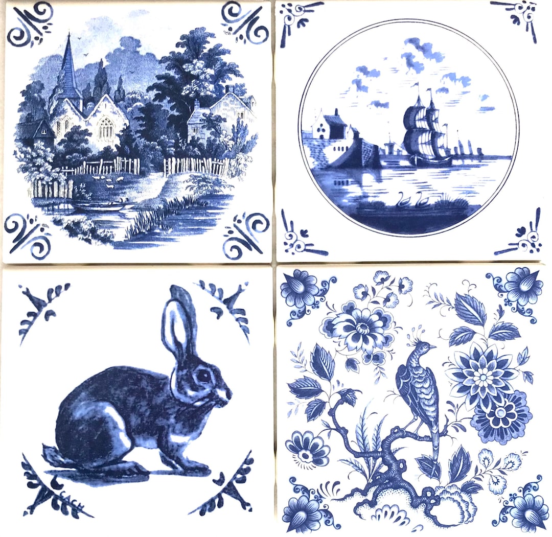 Ceramic Blue Delft Design Set of 4/ 4.25" X 4.25" Kiln Fired Décor Back ...