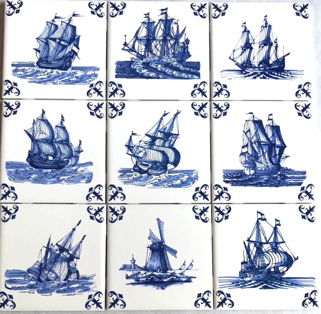 Ceramic Blue Nautical Delft Design Ship Mariner Set of 9 of 4.25" Kiln ...
