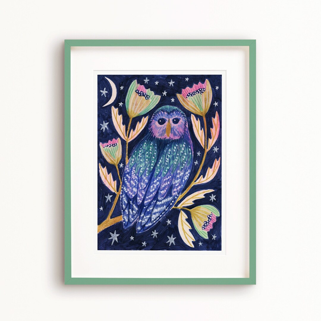 Midnight Owl Art Poster, Owl Decor, Night Time Theme Art, Nature Wall ...