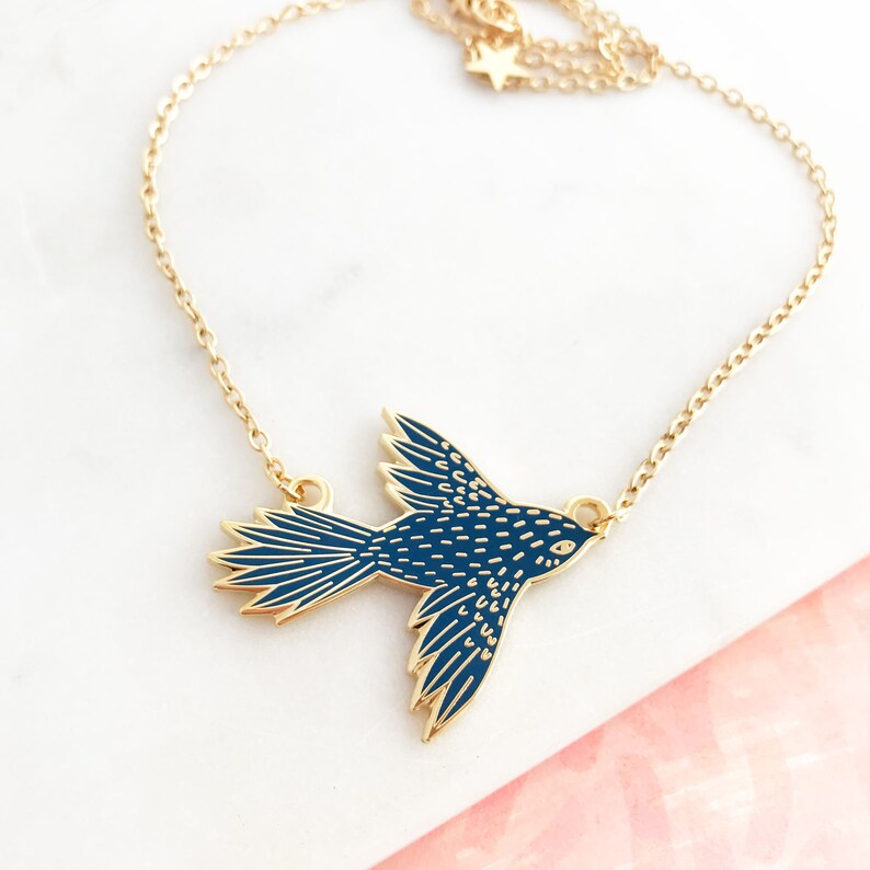 Flying Bird Enamel Necklace Dark Blue Bird Jewellery | Etsy