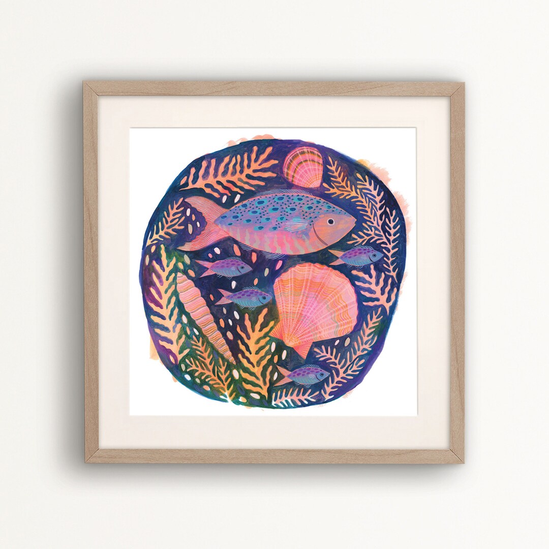 Fish and Shells Painting Art Print, Ocean Artwork, Fish Painting Wall ...