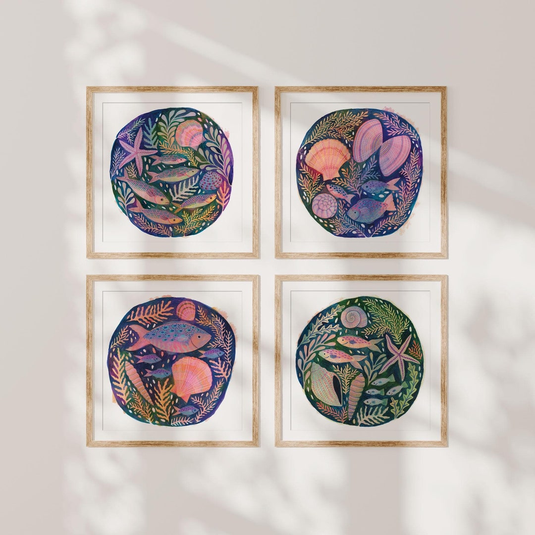 Fish and Shell Painting Art Print Set: Coastal Nautical Wall Decor - Etsy