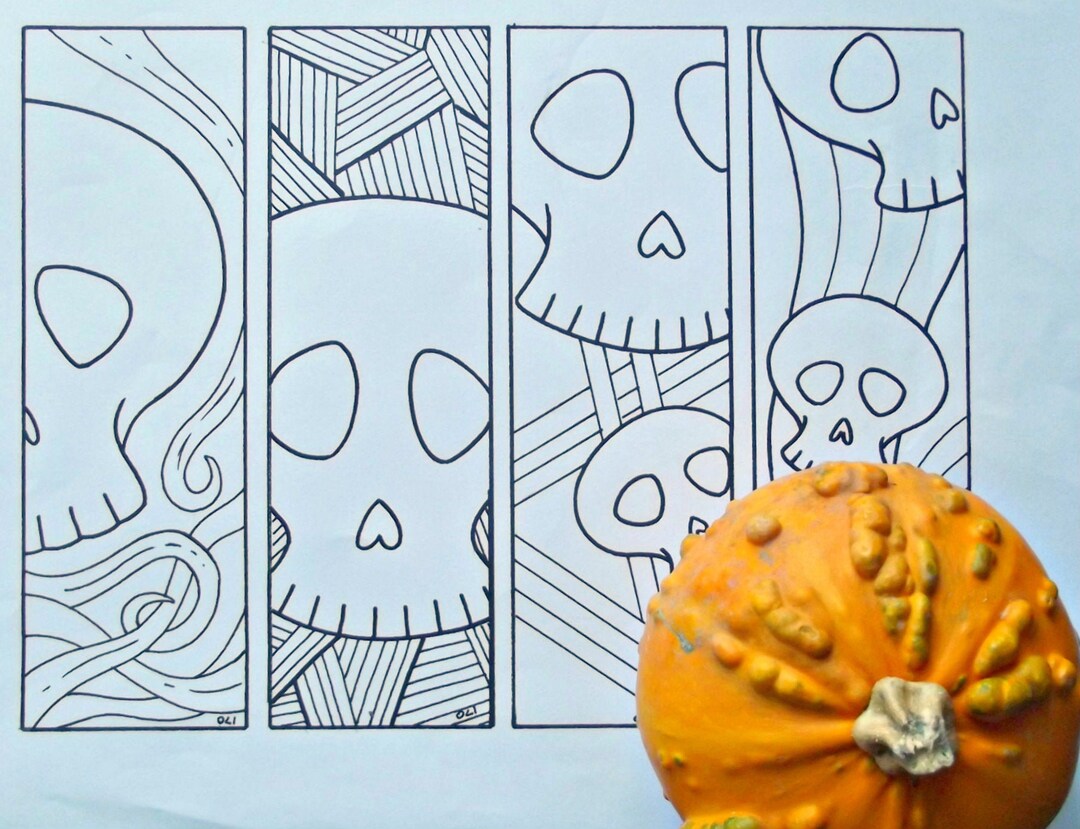 Halloween Skull Zentangle Coloring Bookmarks, Creepy Digital Download ...