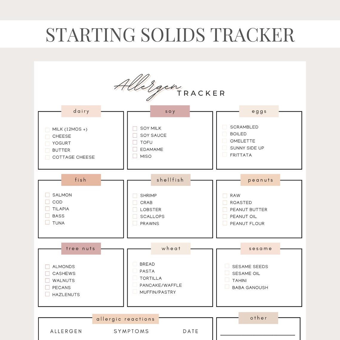 Starting Solids Printable | Baby Led Weaning | Allergen Tracker | First ...