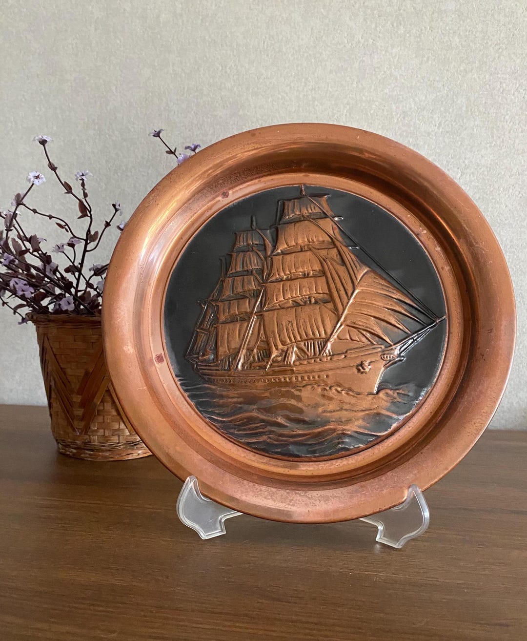 Antique Sailing Ship Copper Wall Hanging Plate - Vintage Copper Plate ...