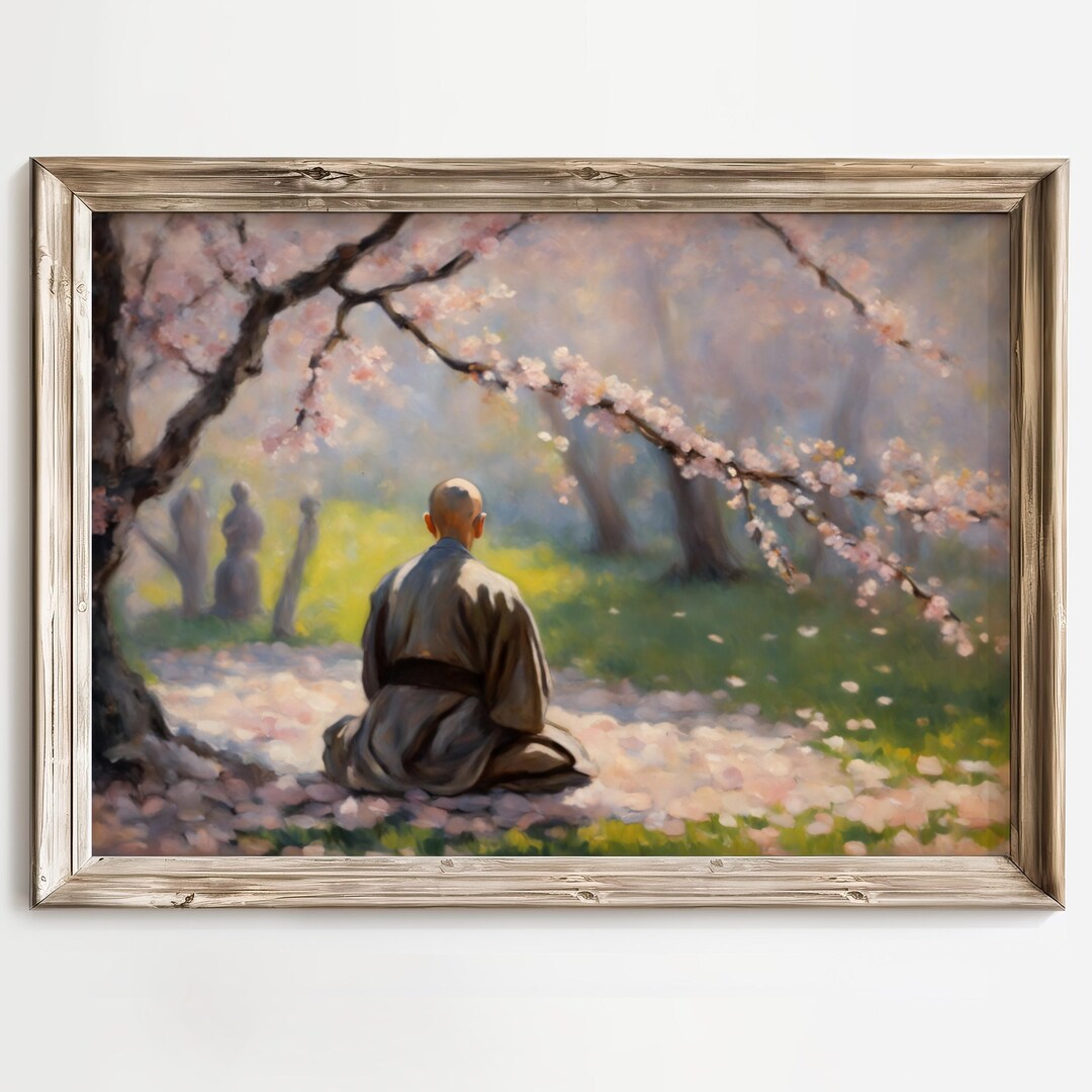 Zen Monk Meditation Art Print, Japanese Cherry Blossom Painting ...
