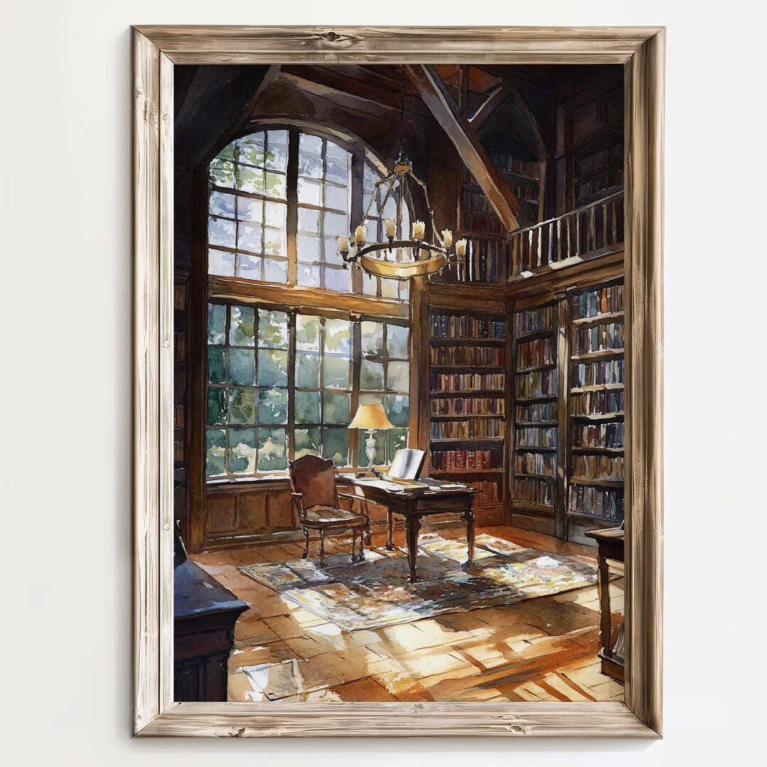 Sunlit Library Wall Art, Cozy Reading Room Print, Home Library Decor ...