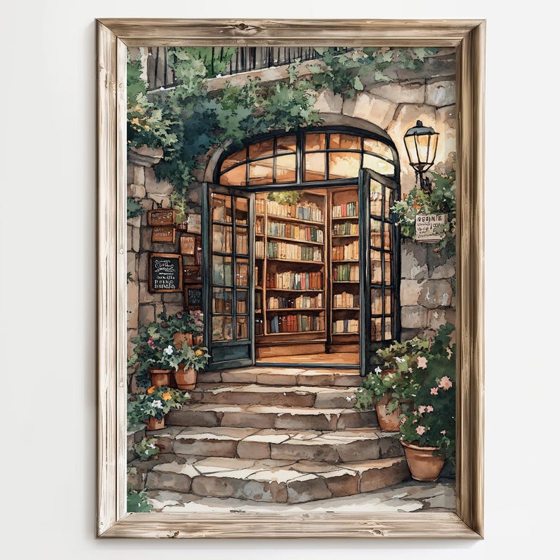 Charming Bookstore Artwork, Watercolor Bookstore Art, Cozy Bookshop Art ...