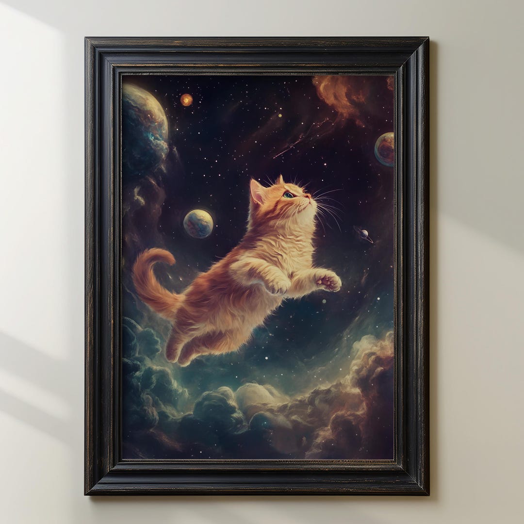 Floating Space Cat Art Print, Cosmic Cat Poster, Surreal Galaxy Kitten ...